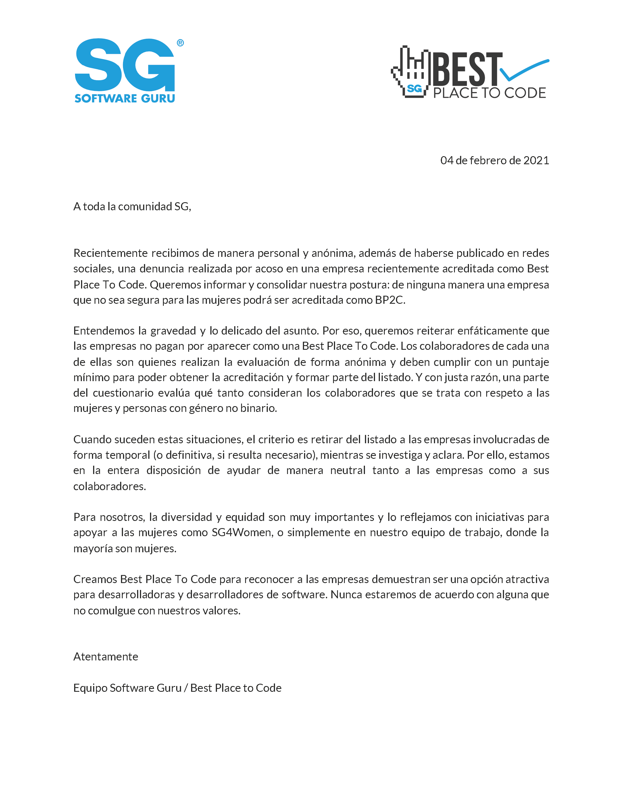 Comunicado especial sobre Best Place To Code | SG Buzz